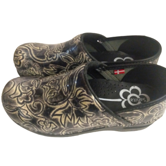 Dansko | Shoes | Sanita Black White Patent Leather Paisley Comfort ...